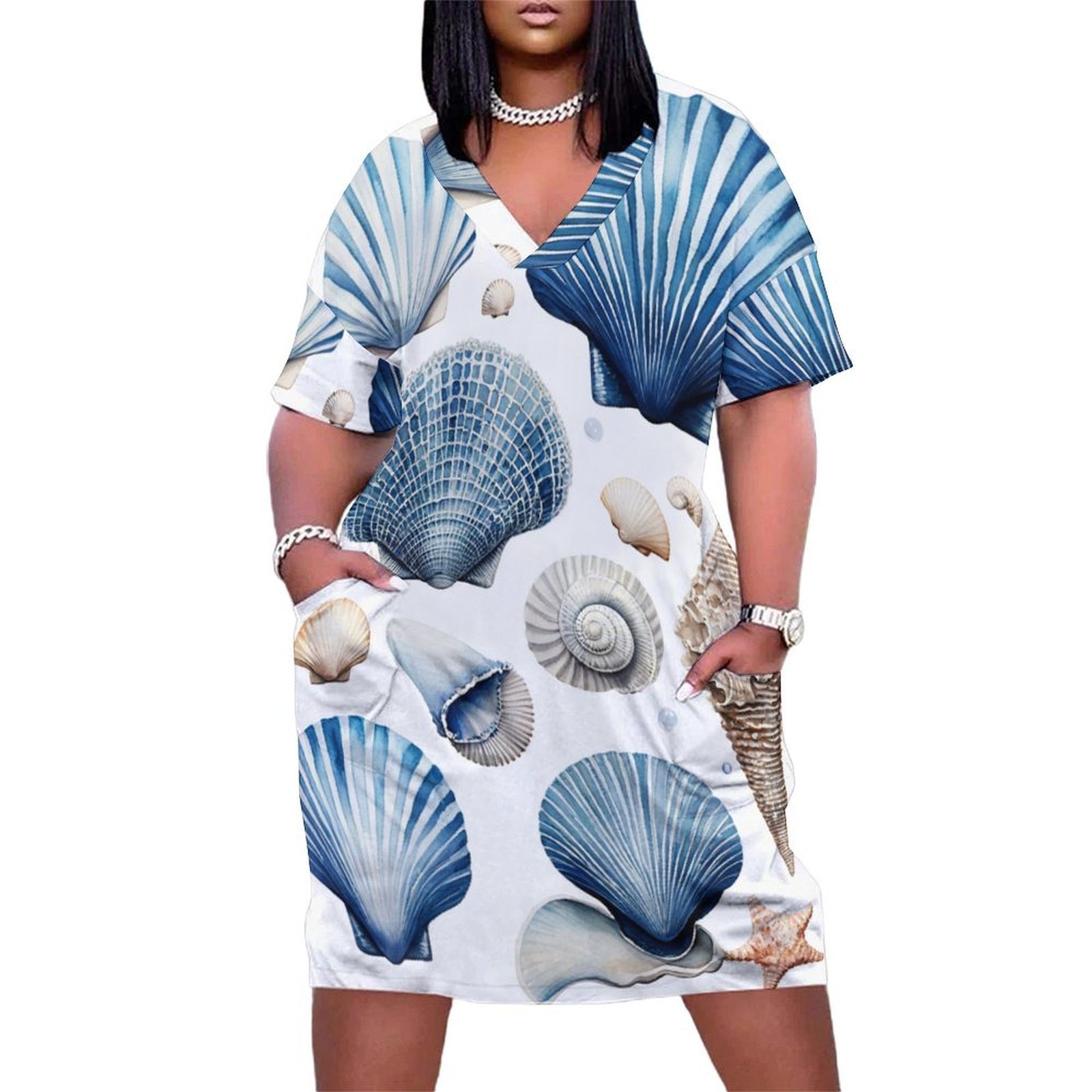 Blue Seashell Coral Print Loose Pocket Dress Dresses Summer Summer ...
