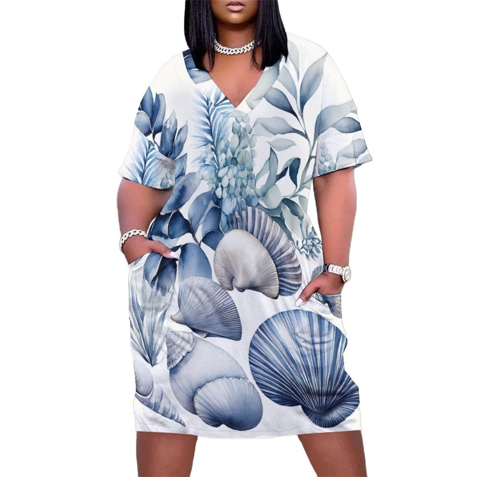 Blue Seashell Coral Print Loose Pocket Dress Dresses Summer Summer ...