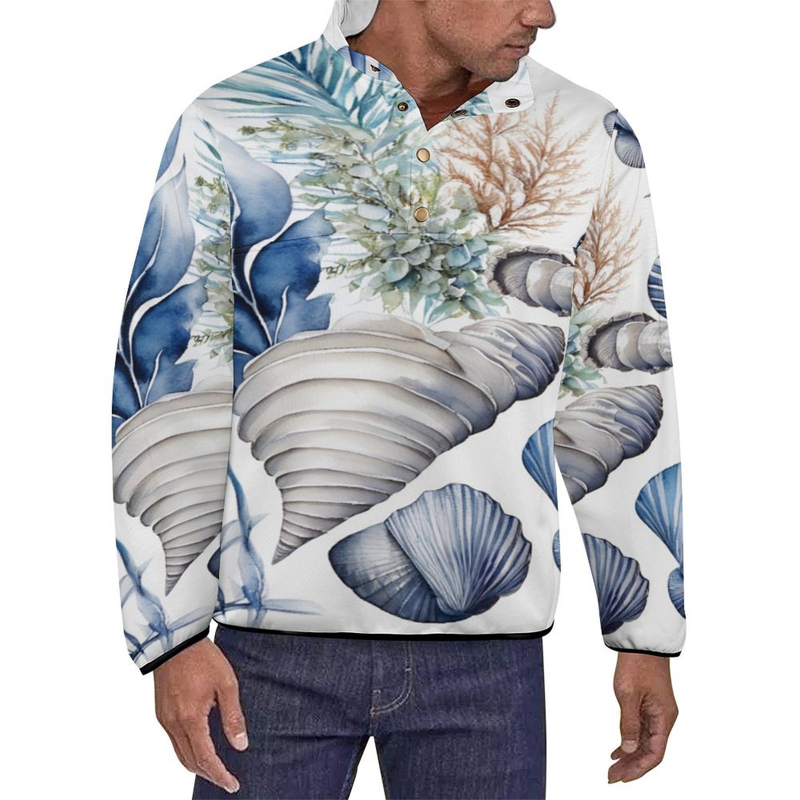 Blue Seashell Coral Print Men's Stand Collar Sweater Long Sleeve ...