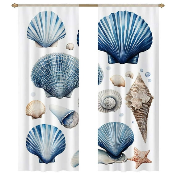 Blue Seashell Coral Print Modern Tulle Window Curtains for Living Room ...