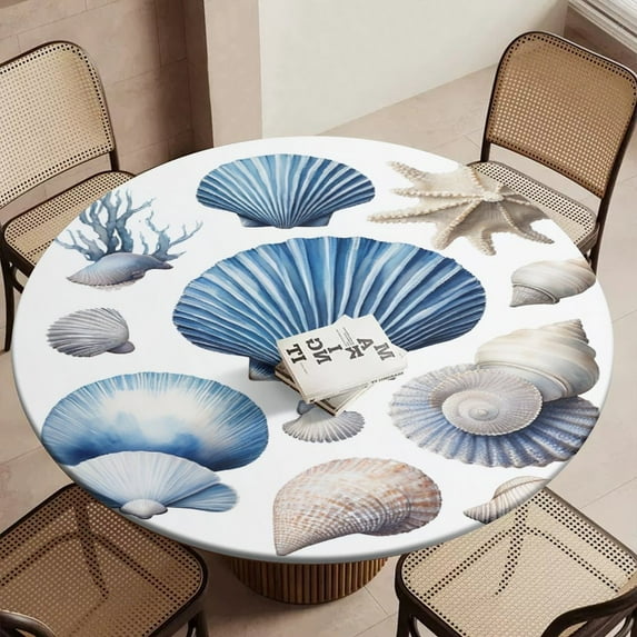 Blue Seashell Coral Print Round Table Cover Kitchen Printed Waterproof ...