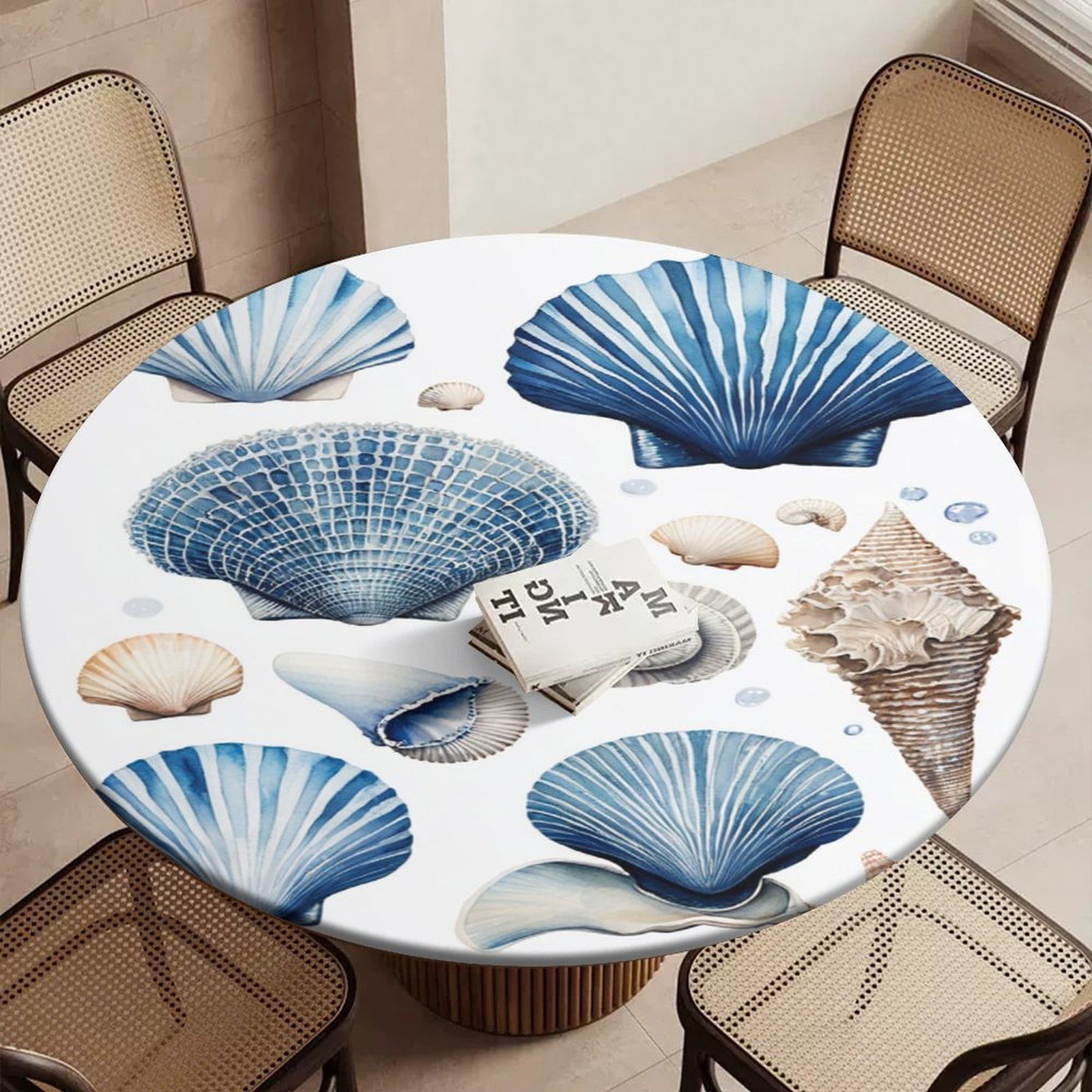 Blue Seashell Coral Print Round Table Cover Kitchen Printed Waterproof ...