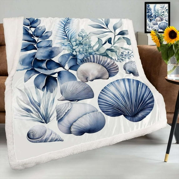 Blue Seashell Coral Print Sherpa Blanket Throw Blanket For Bed Chair ...