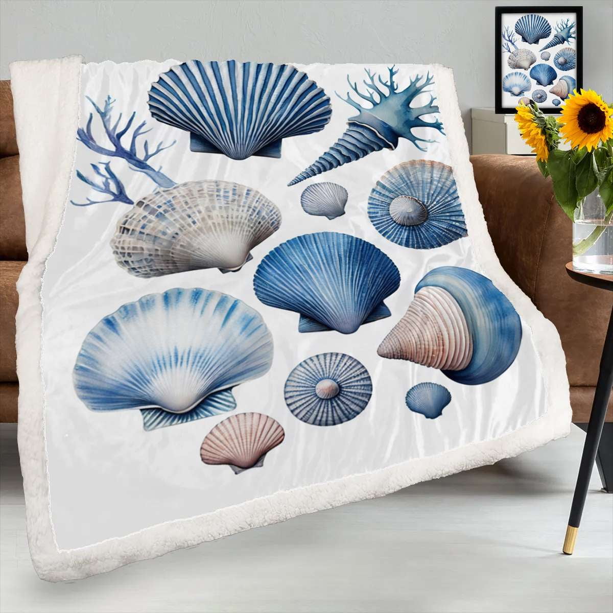 Blue Seashell Coral Print Sherpa Blanket Throw Blanket For Bed Chair ...