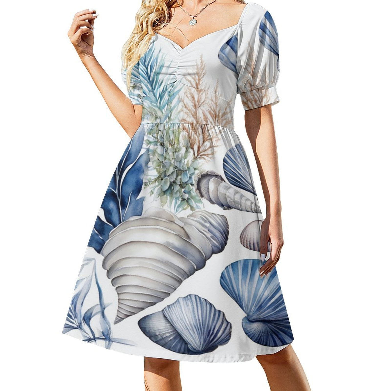 Blue Seashell Coral Print Short Sleeve Dress Clothes Women's Summer ...