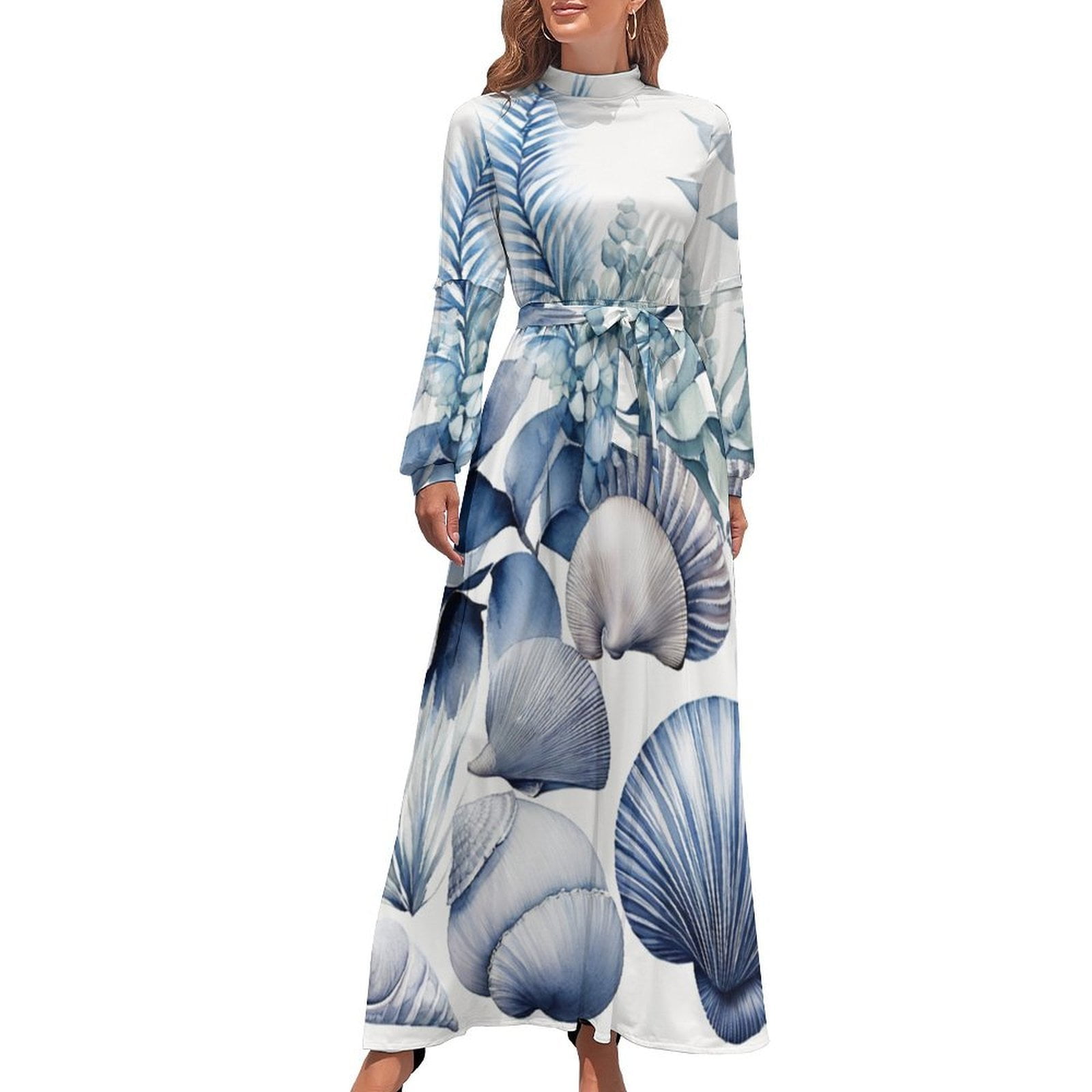 Blue Seashell Coral Print Women's Long Dress Long Sleeves Dress Vintage ...