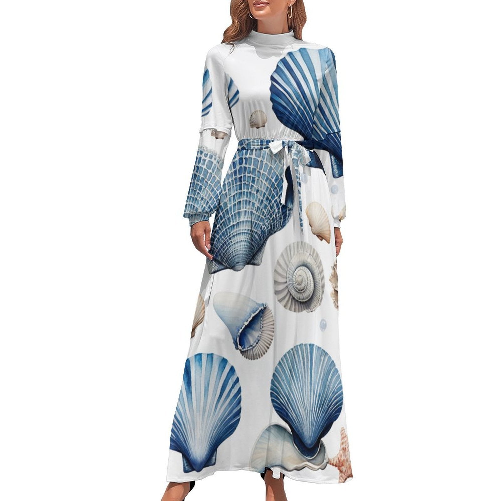 Blue Seashell Coral Print Women's Long Dress Long Sleeves Dress Vintage ...