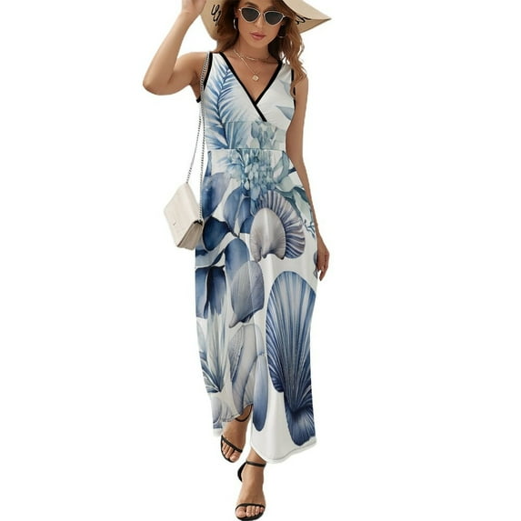 Blue Seashell Coral Print Womens Night Club Maxi Dress V Neck ...