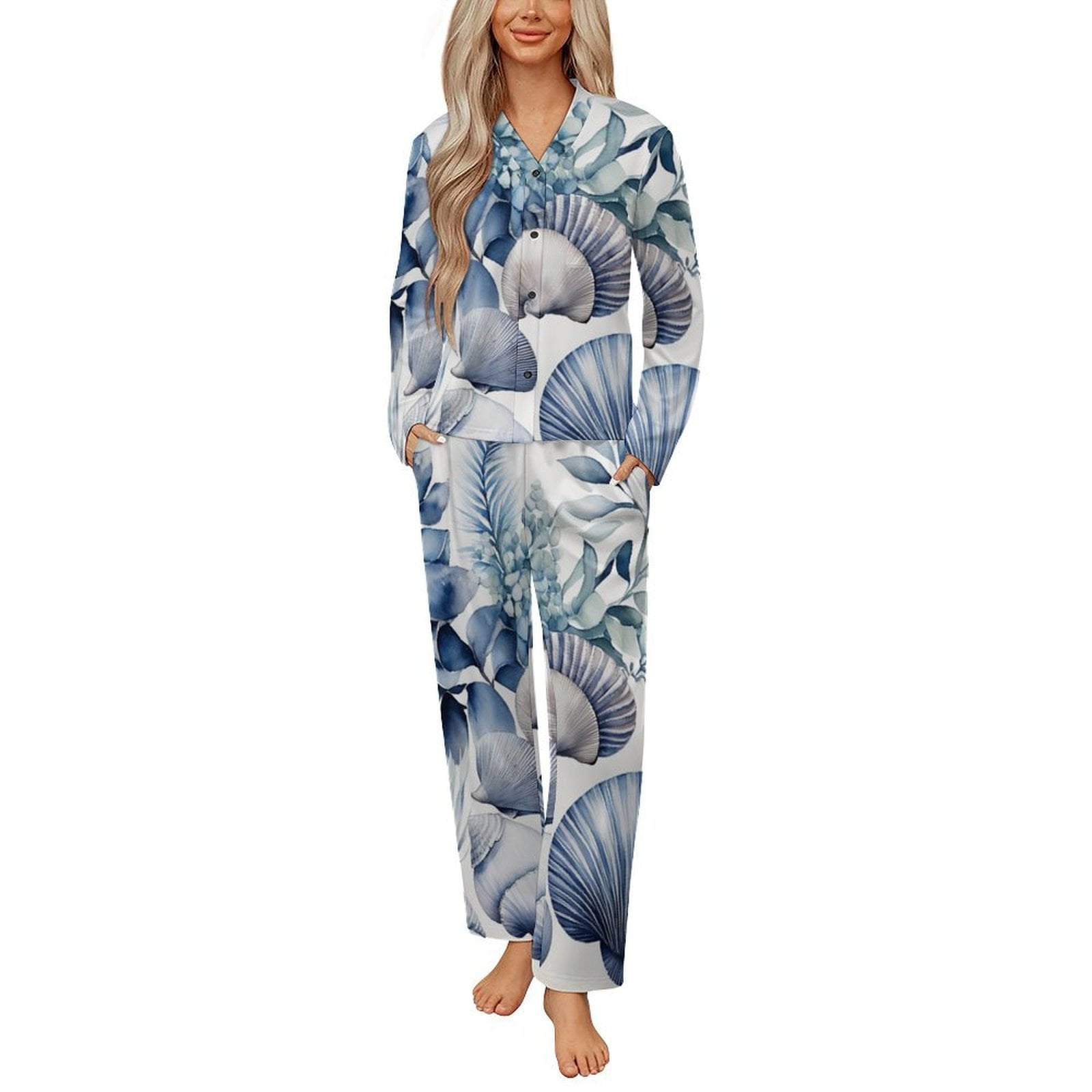 Blue Seashell Coral Print Womens Pyjamas Set Button Up Pyjamas Womens ...