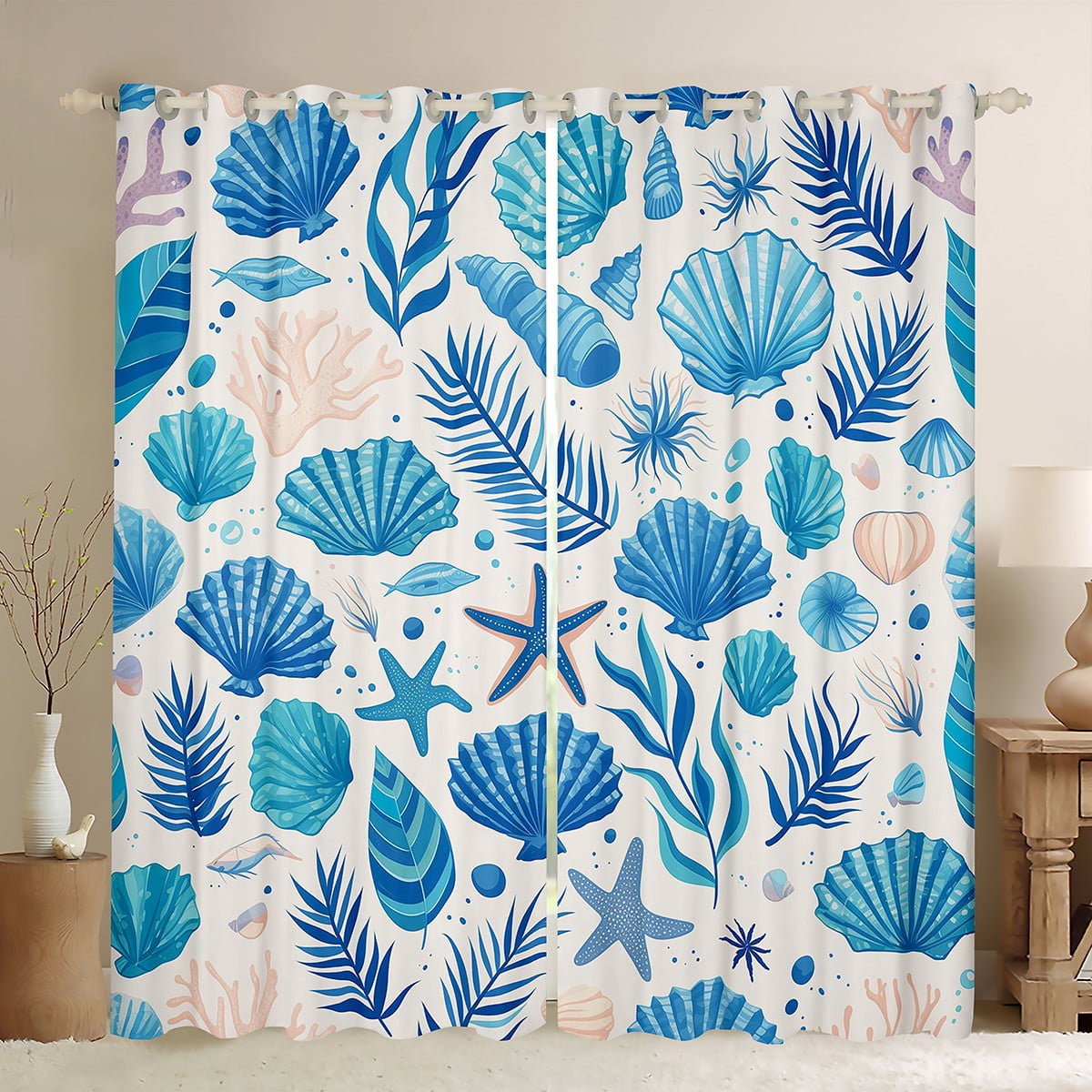 Blue Seashell Curtains & Drapes Starfish Beach Curtains,Coastal Shell ...