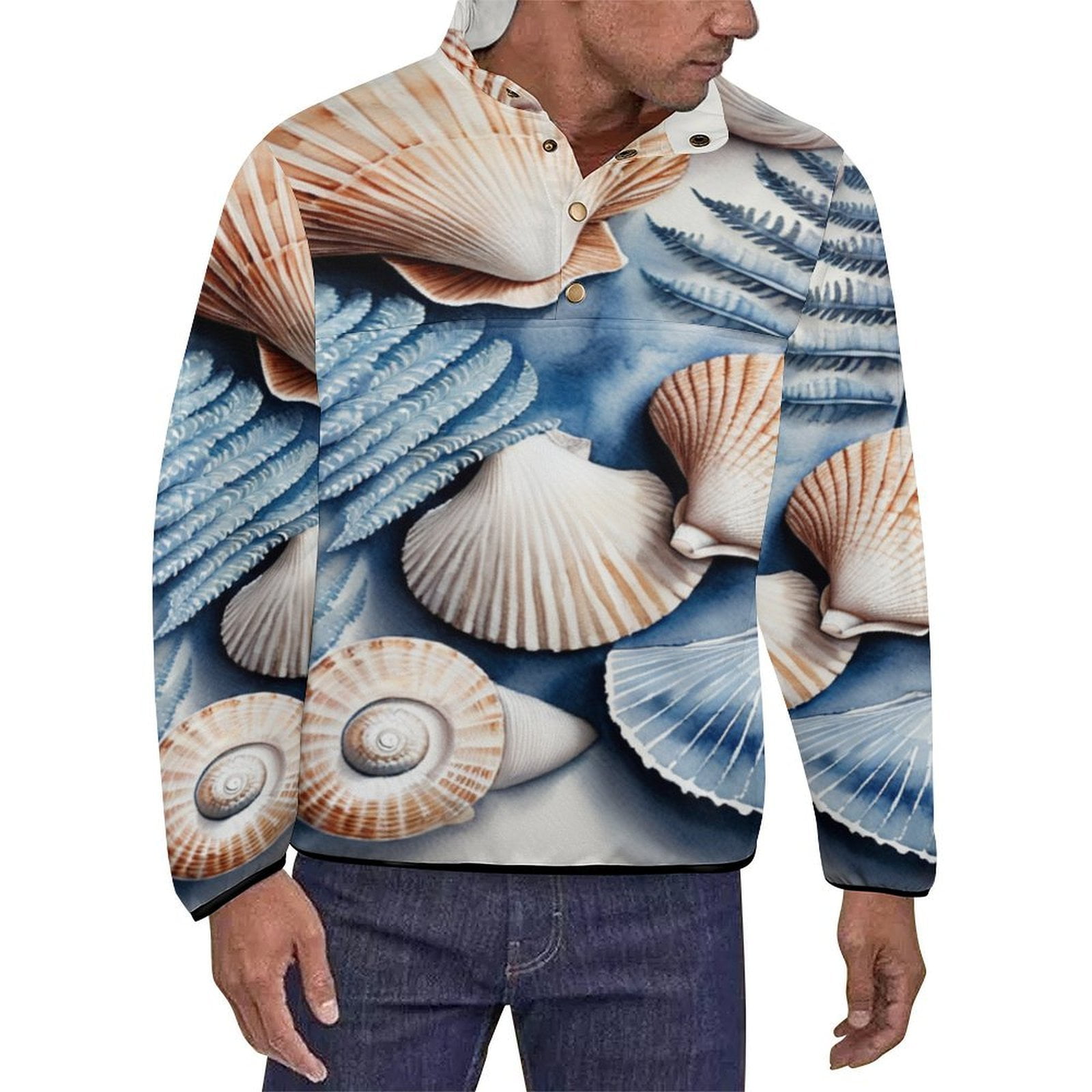 Blue Seashell Fern Print Men's Stand Collar Sweater Long Sleeve ...