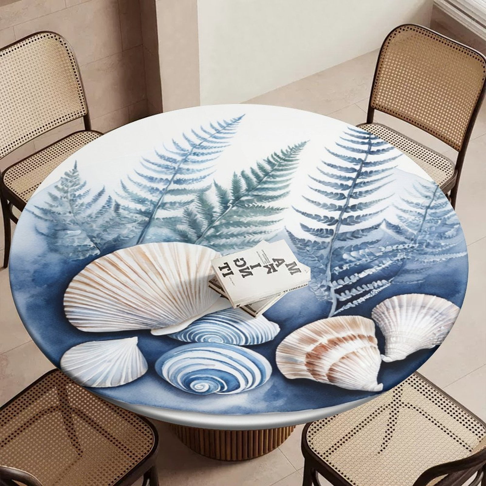 Blue Seashell Fern Print Round Table Cover Kitchen Printed Waterproof ...