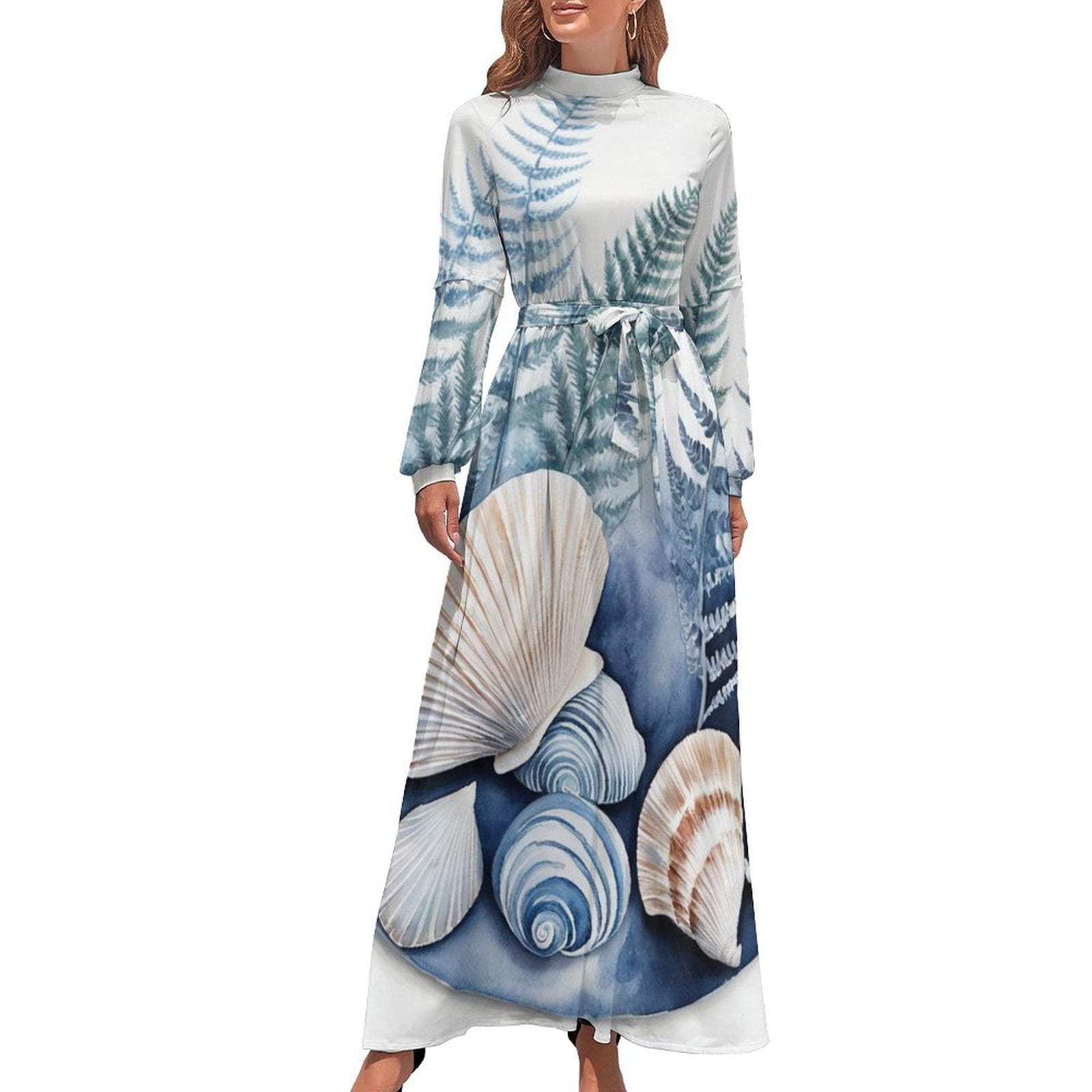 Blue Seashell Fern Print Women's Long Dress Long Sleeves Dress Vintage ...