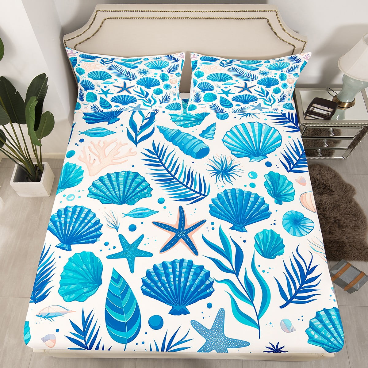Blue Seashell Fitted Sheet Starfish Beach Full Size Bed Sheets,Coastal ...
