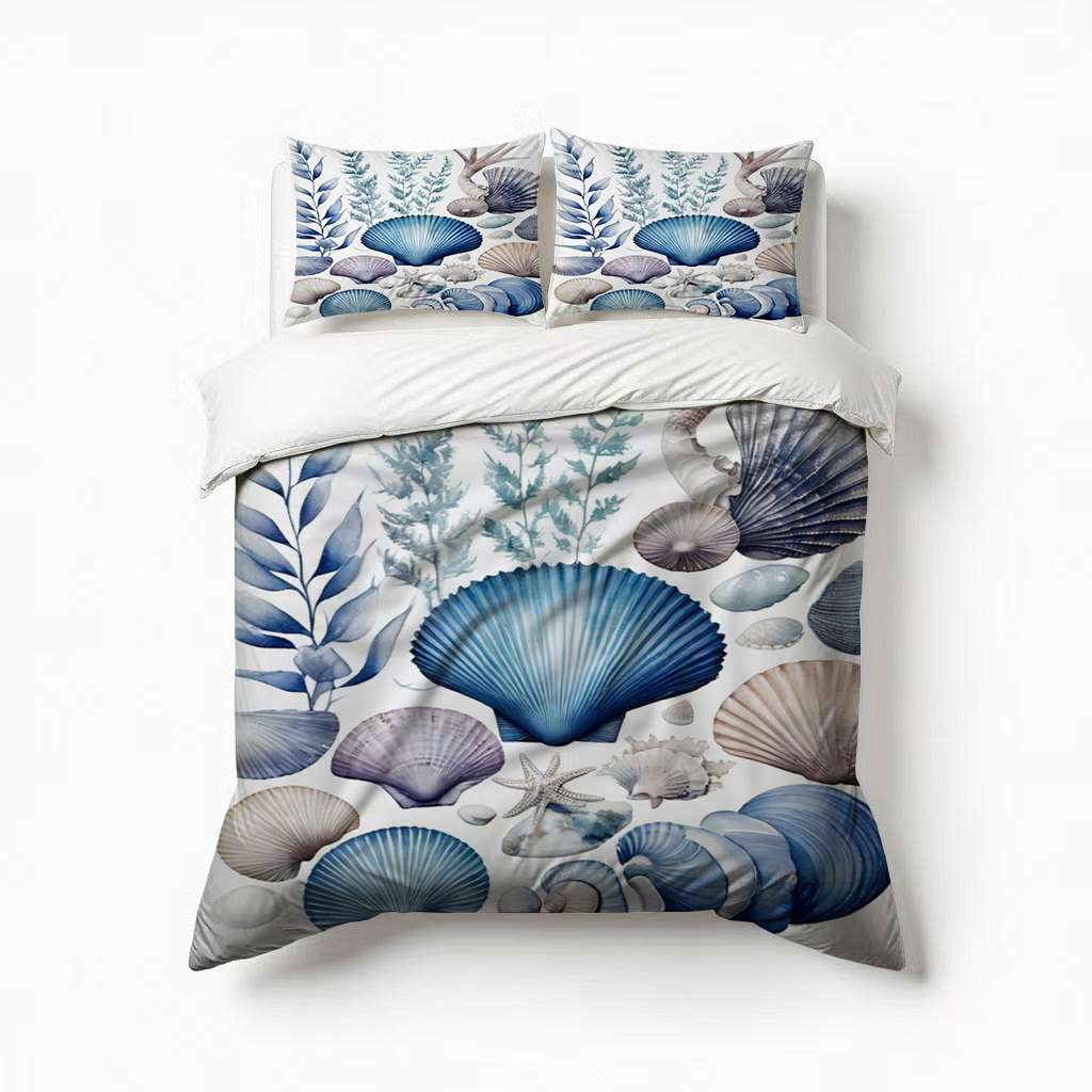 Blue Seashell Floral Print Bedding Set 3 Pcs Soft Microfiber Quilt ...