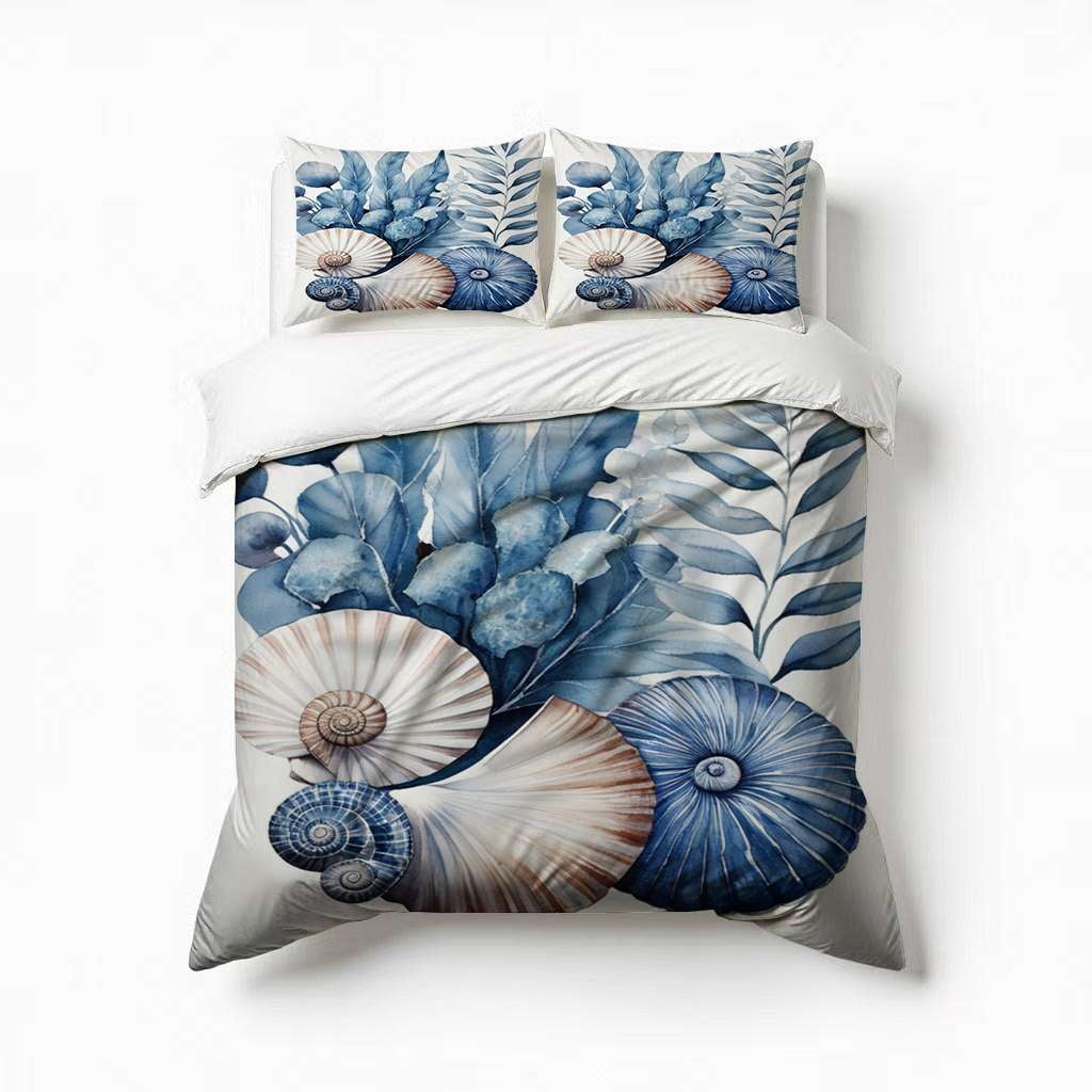 Blue Seashell Floral Print Bedding Set 3 Pcs Soft Microfiber Quilt ...