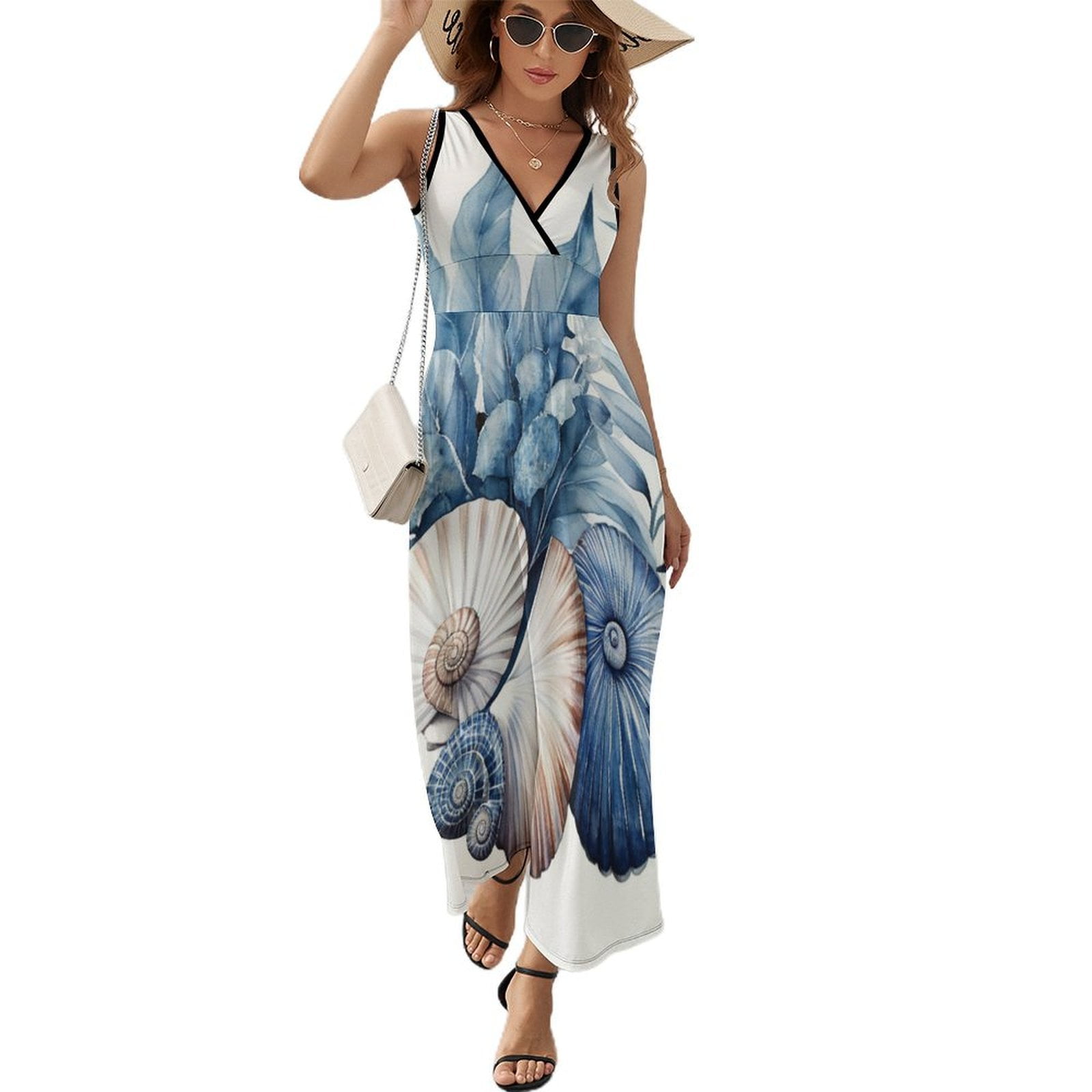 Blue Seashell Floral Print Dress Fashion Boho Beach Long Dresses Female ...