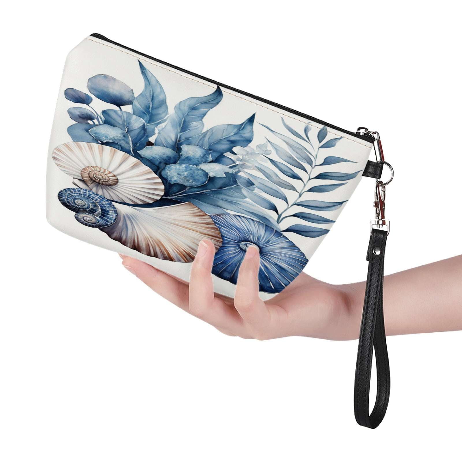 Blue Seashell Floral Print Leather Makeup Bag Small Travel Cosmetic Bag For Women,Cosmetic ...