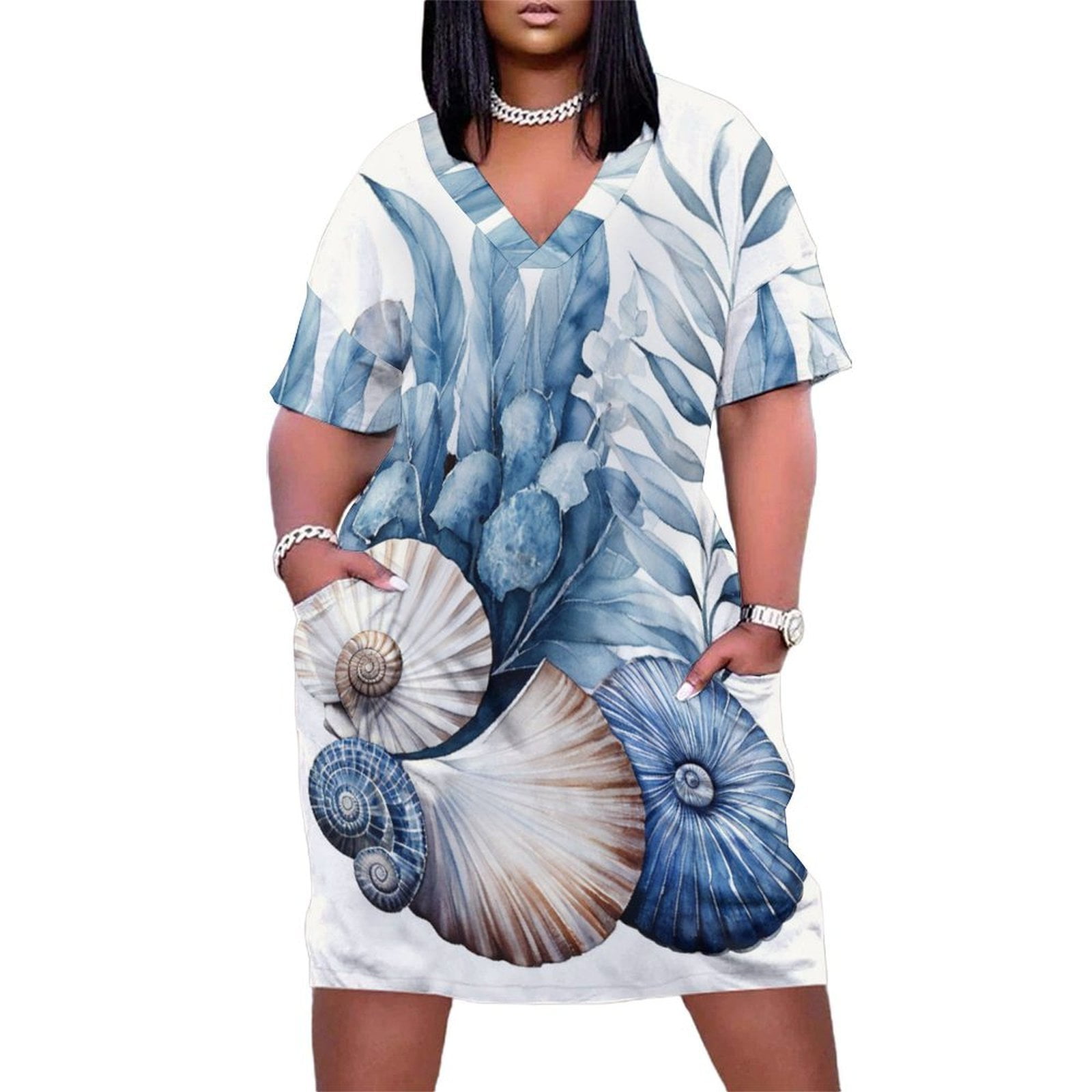 Blue Seashell Floral Print Loose Pocket Dress Dresses Summer Summer ...