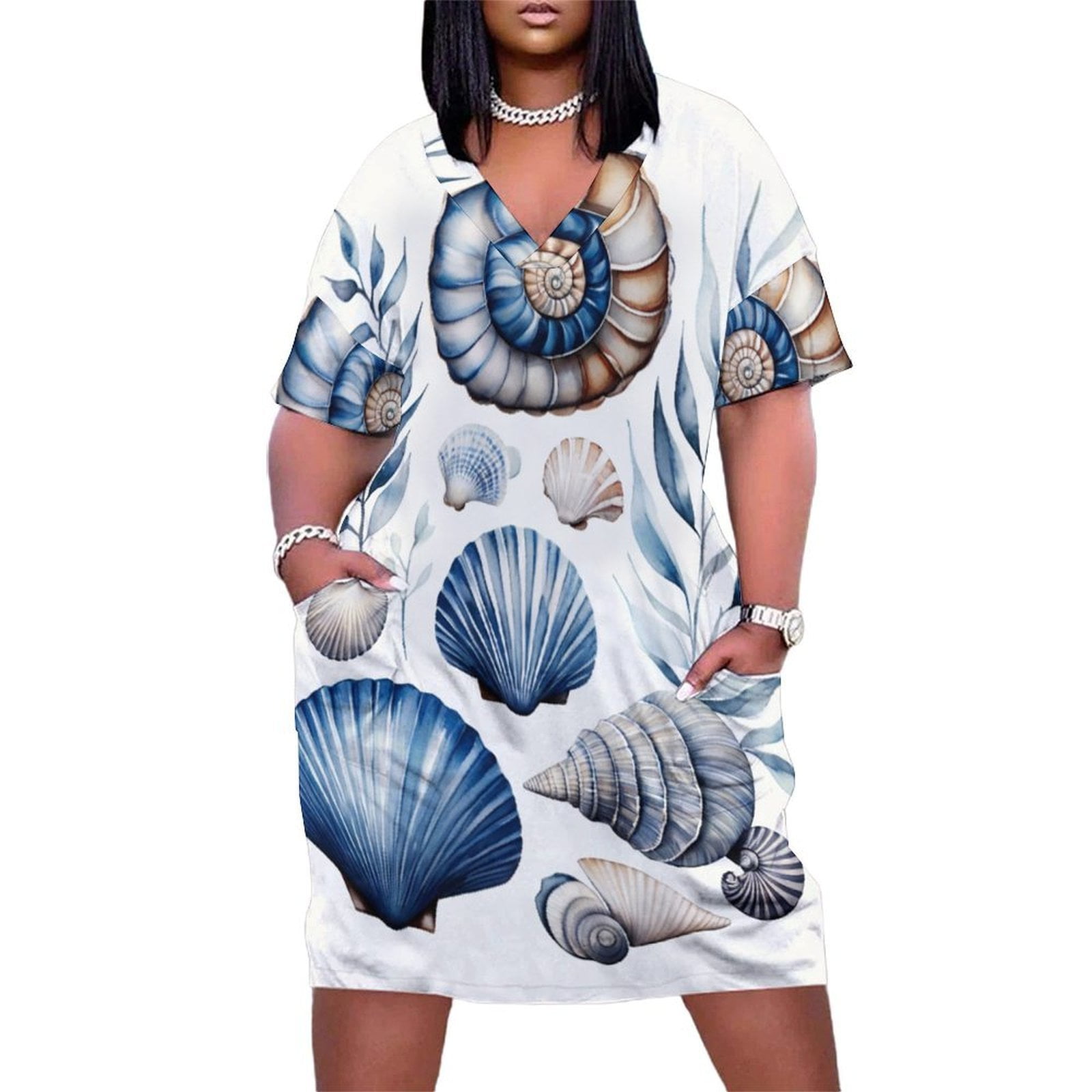 Blue Seashell Floral Print Loose Pocket Dress Dresses Summer Summer ...