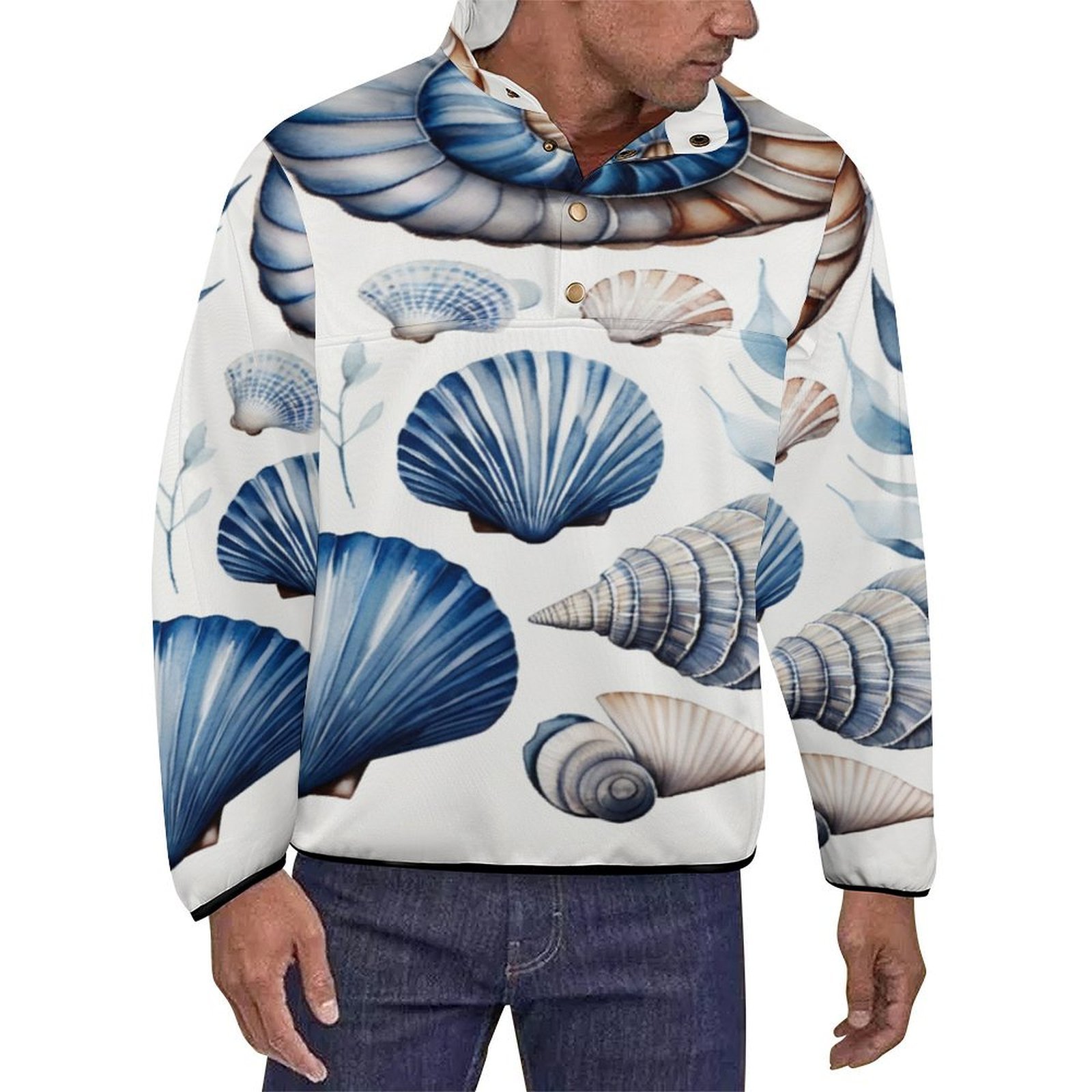 Blue Seashell Floral Print Men's Stand Collar Sweater Long Sleeve ...