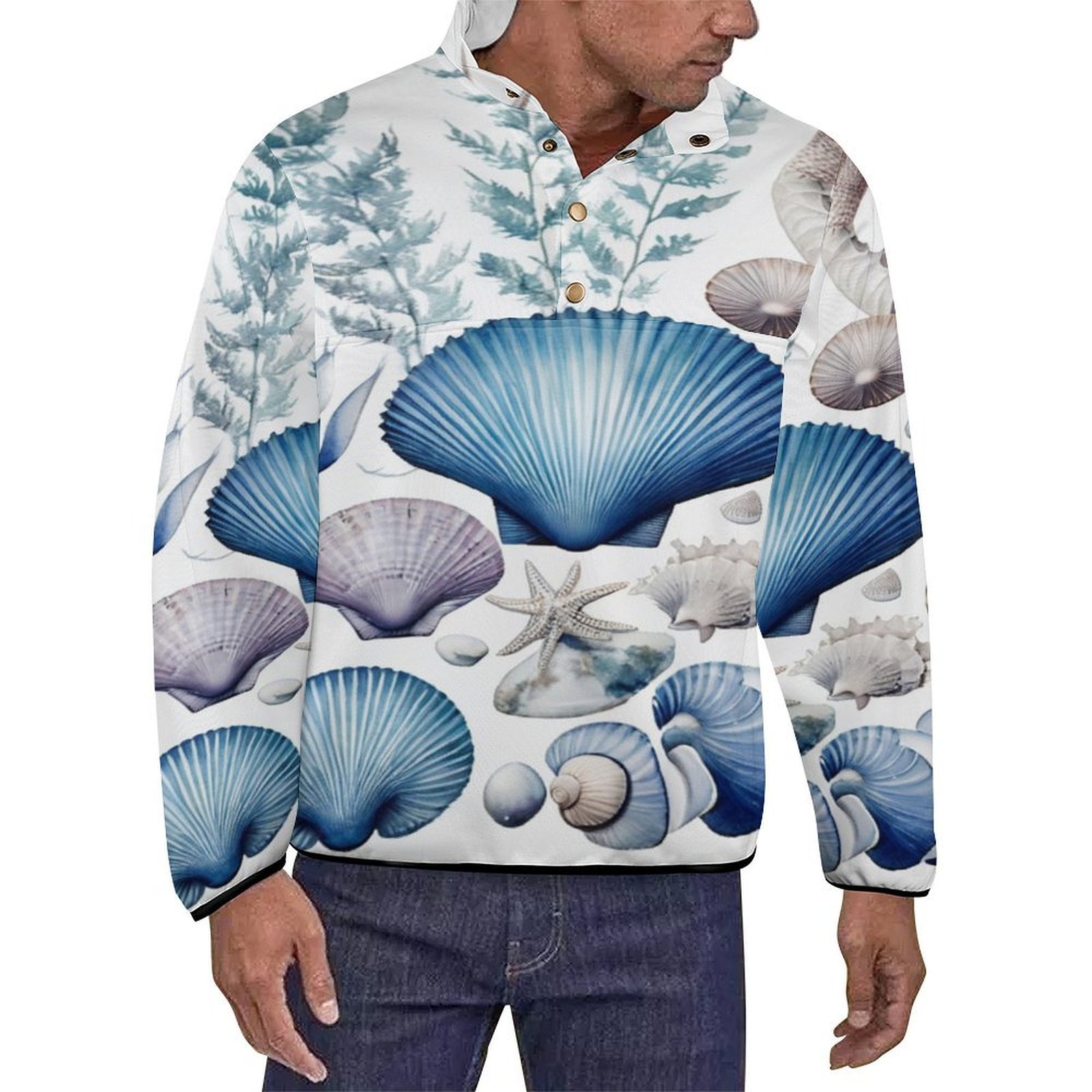 Blue Seashell Floral Print Men's Stand Collar Sweater Long Sleeve ...