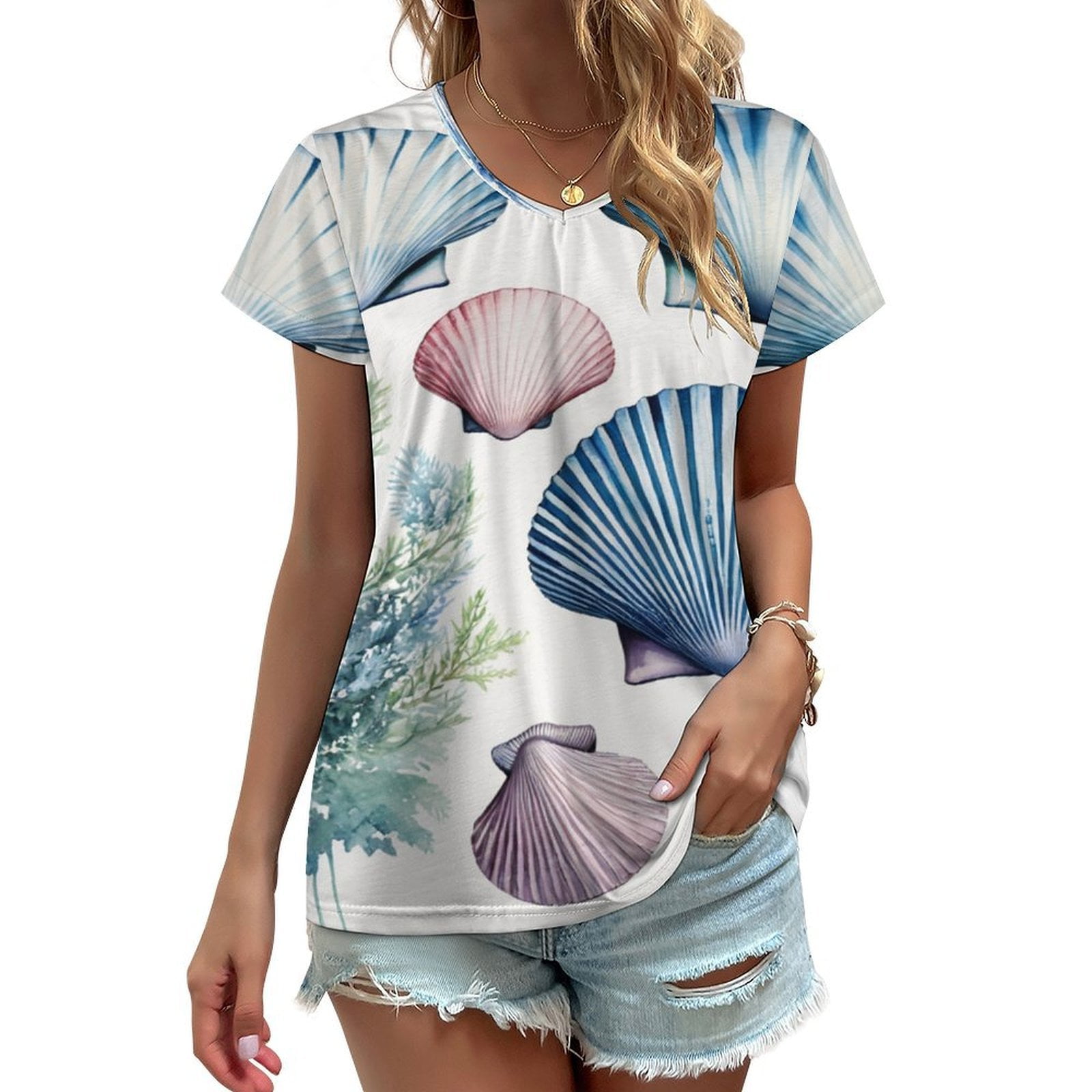 Blue Seashell Floral Print Women's Blouse Short Sleeve Women's Top T ...