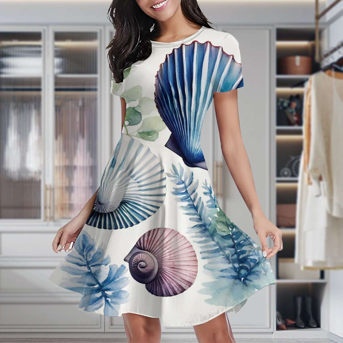 Blue Seashell Floral Print Women's Classic Swing Skater Dress Casual ...