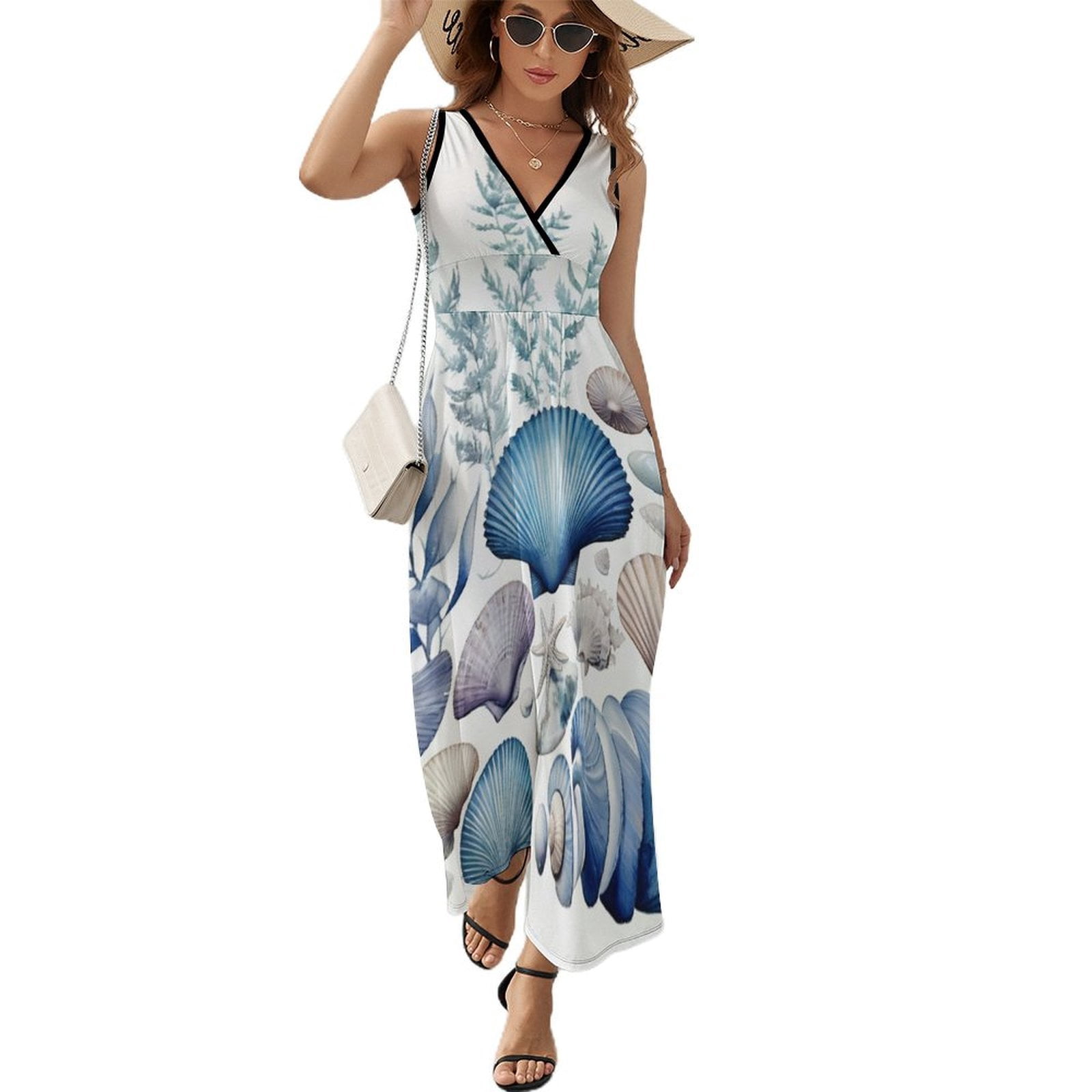 Blue Seashell Floral Print Womens Night Club Maxi Dress V Neck ...