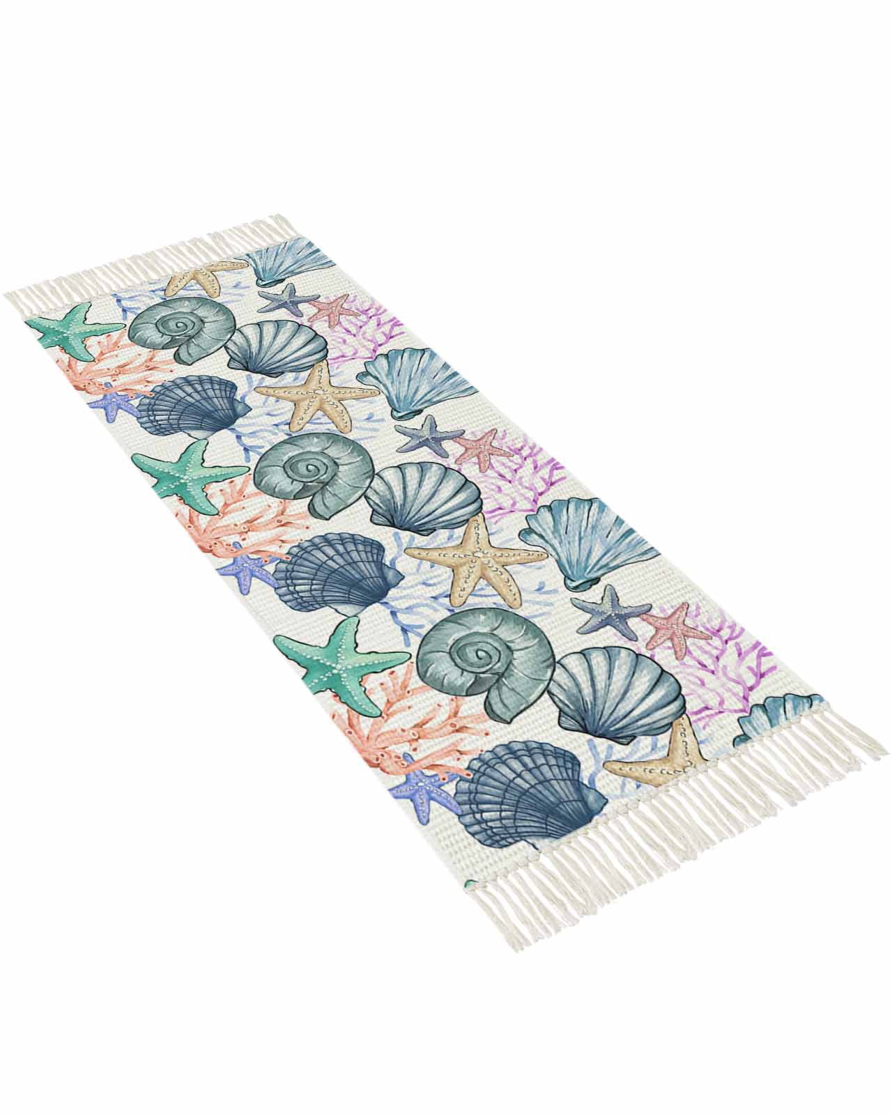 Blue Seashell Kitchen Runner Rug 2'x4', Washable Woven Cotton Area Rug ...