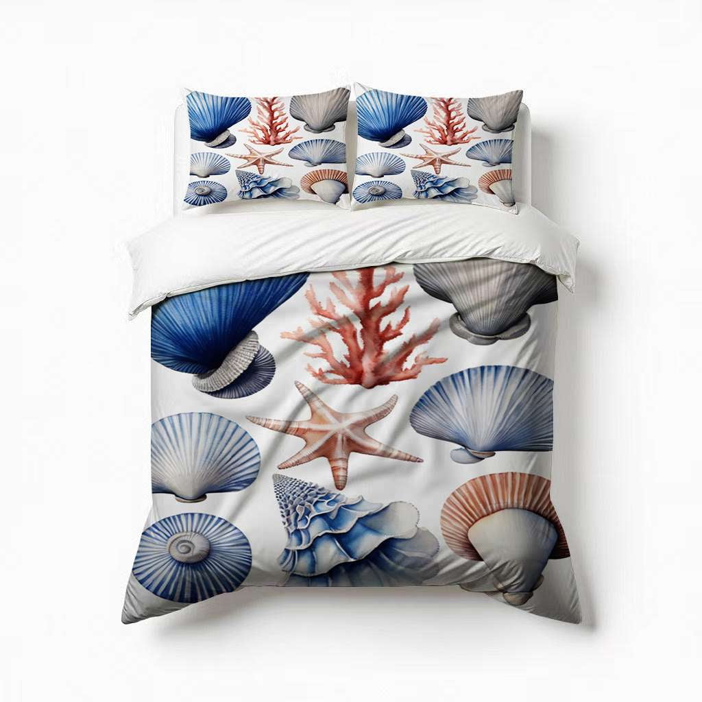 Blue Seashell Pattern Bedding Set 3 Pcs Soft Microfiber Quilt Cover For ...