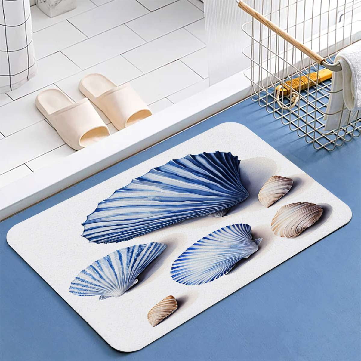 Blue Seashell Pattern Diatomite Bath Mats Bathroom Absorbent Anti Slip ...