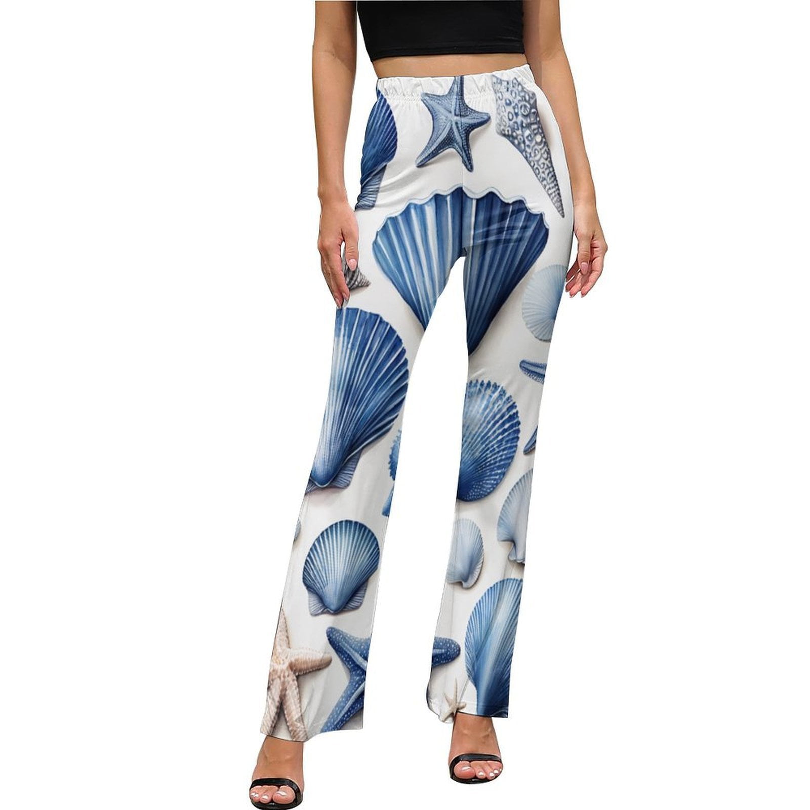 Blue Seashell Pattern High Waisted Casual Flared Trousers Summer Home ...