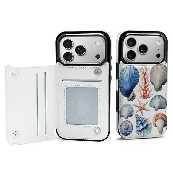 Blue Seashell Pattern Leather Wallet Case for iPhone13 Wallet Case Card ...
