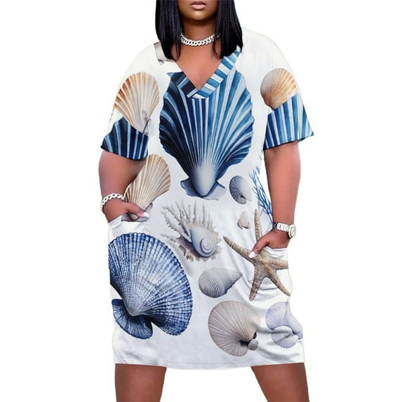 Blue Seashell Pattern Loose Pocket Dress Dresses Summer Summer Dresses ...