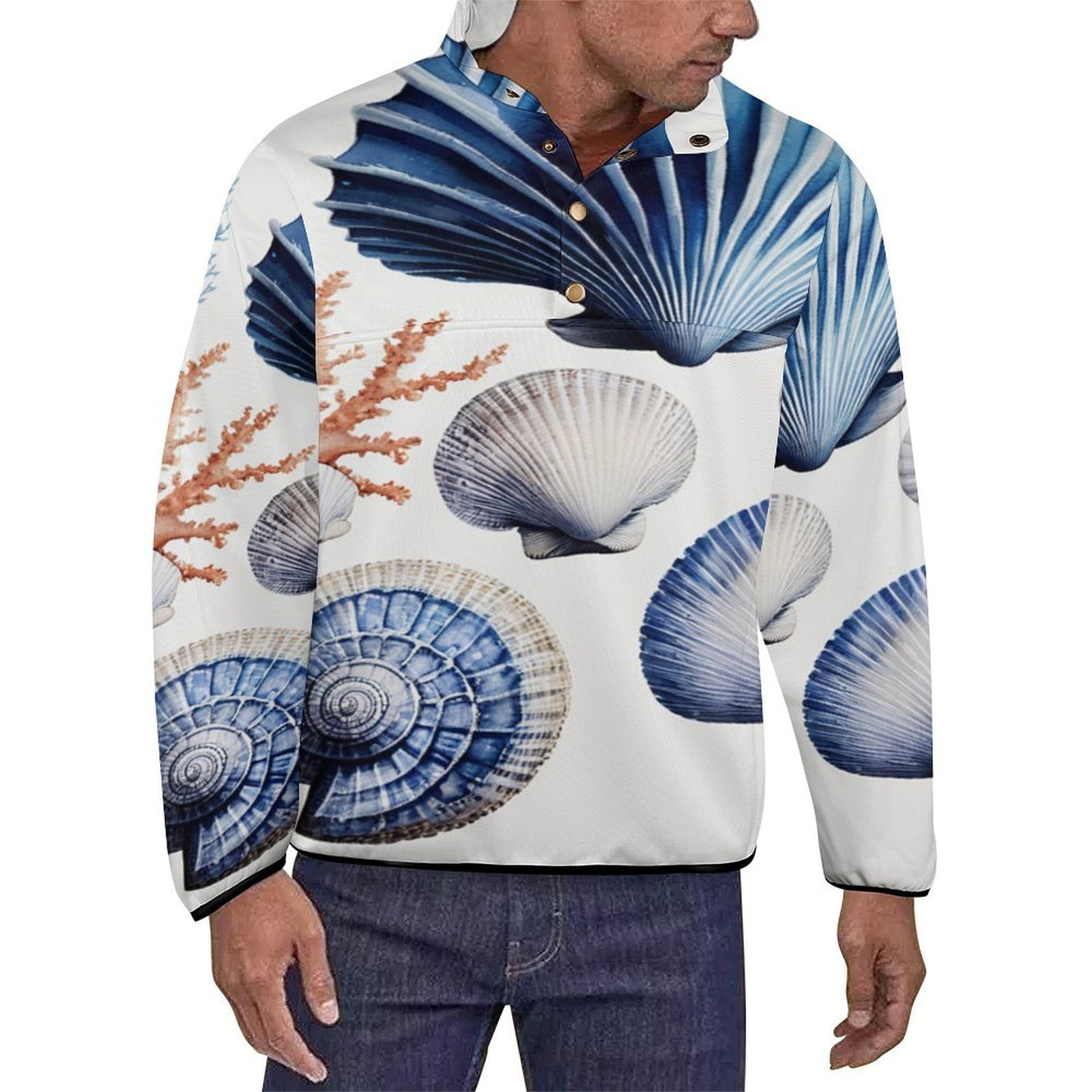 Blue Seashell Pattern Men's Stand Collar Sweater Long Sleeve Clothing ...