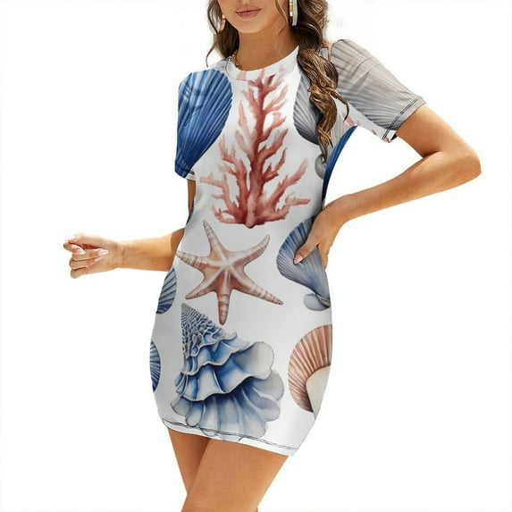 Blue Seashell Pattern Short Dress Dresses For Woman Fairy Dress ...