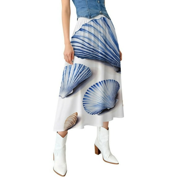 Blue Seashell Pattern Women High Waist Midi Skirt Elegant Midi Skirt ...