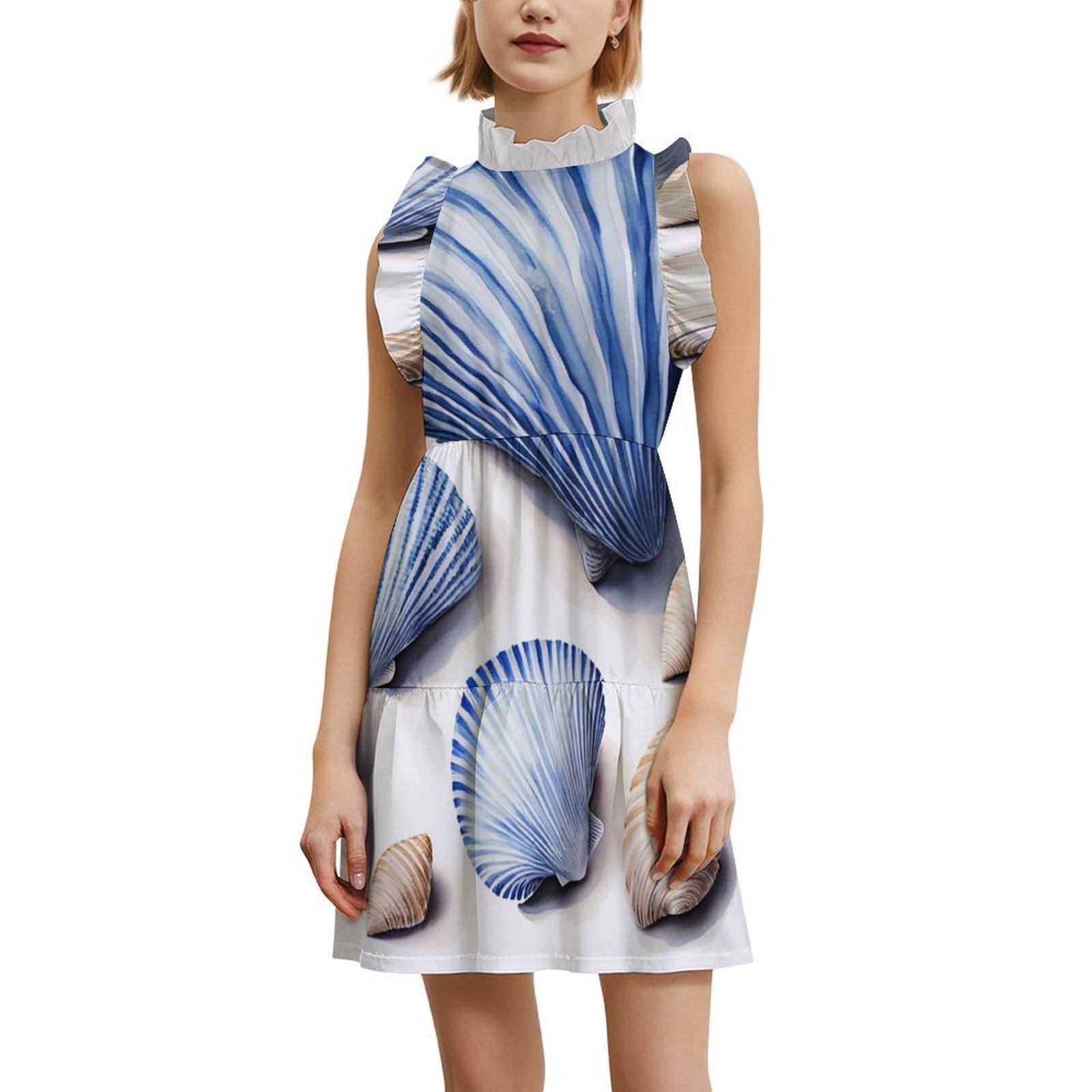 Blue Seashell Pattern Women's Fashion Casual Dress Summer Stand Up ...