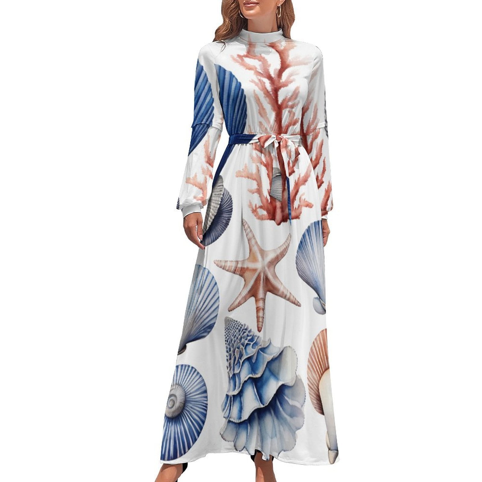 Blue Seashell Pattern Women's Long Dress Long Sleeves Dress Vintage ...