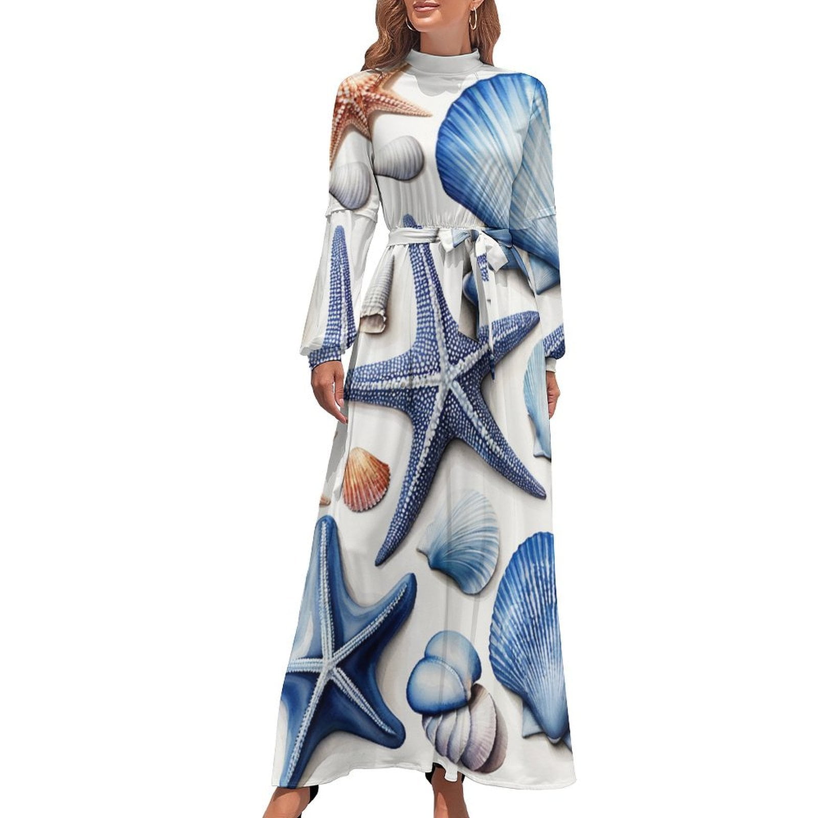 Blue Seashell Pattern Women's Long Dress Long Sleeves Dress Vintage ...
