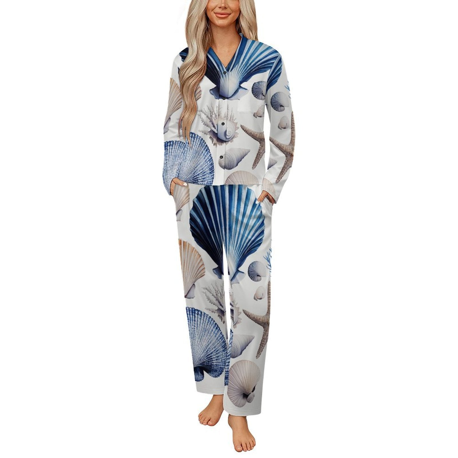 Blue Seashell Pattern Womens Pyjamas Set Button Up Pyjamas Womens with ...