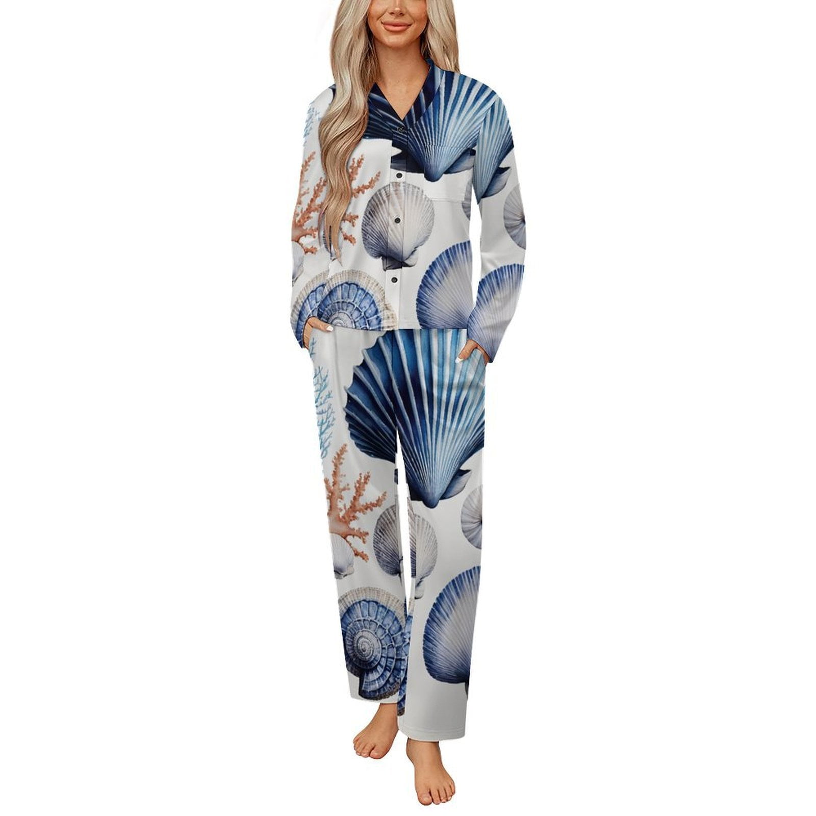 Blue Seashell Pattern Womens Pyjamas Set Button Up Pyjamas Womens with ...