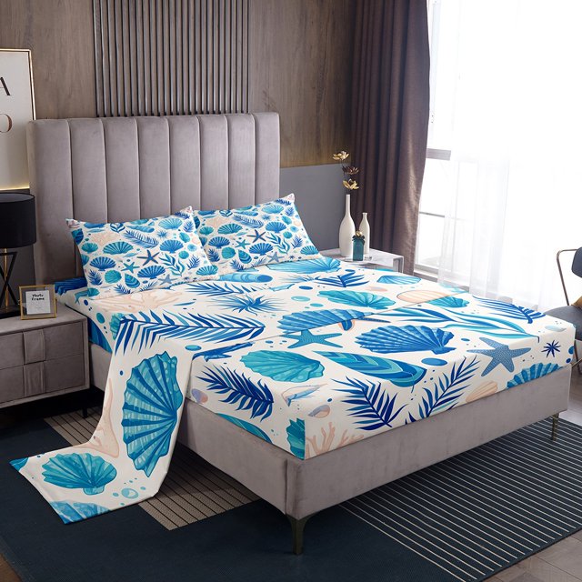 Blue Seashell Queen Sheet Set Starfish Beach Bed Sheets Set,Coastal ...