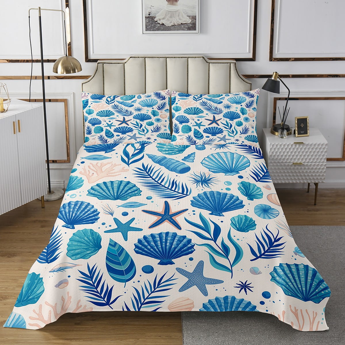 Blue Seashell Quilt Set Starfish Beach Coverlet Set,Coastal Shell Twin ...