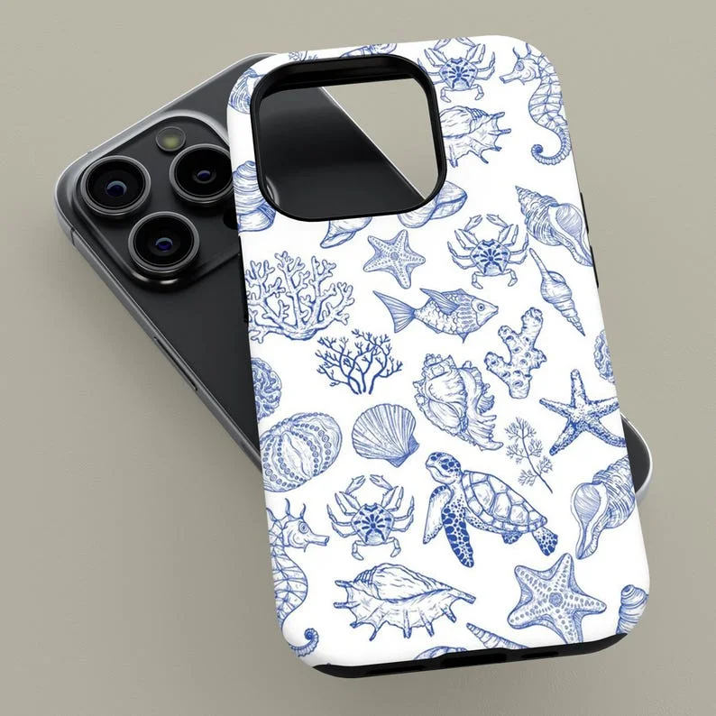 Blue Seashell Sea Turtle Ocean Art Protective Case for iPhone 11 12 13 ...