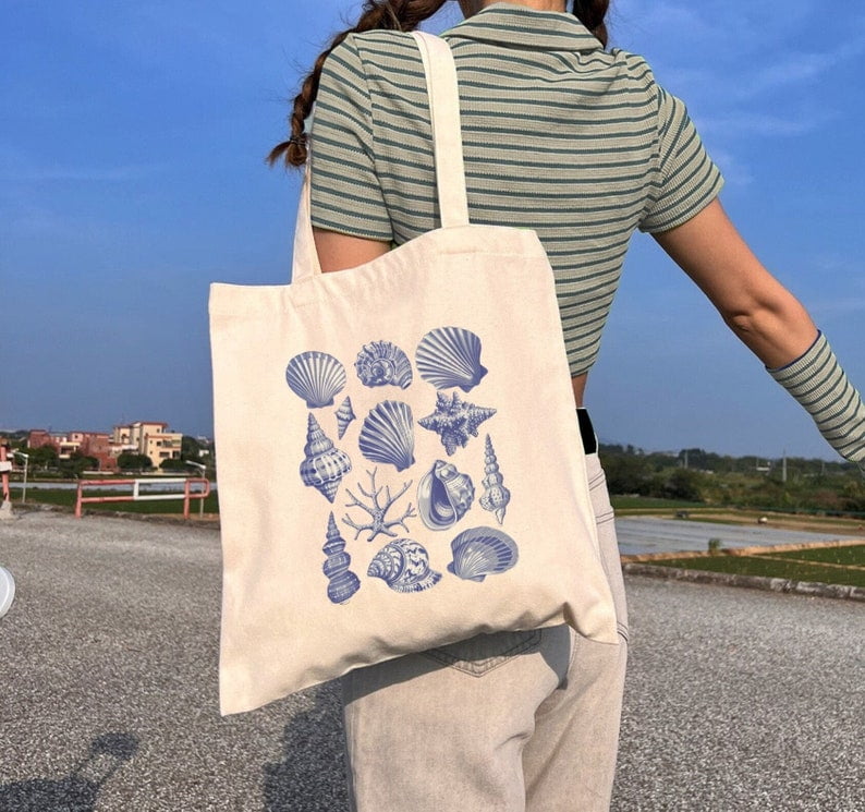 Blue Seashell Tote, Ocean Coral Print Canvas, Coastal School Bag, Eco Gift for Sea Lovers ...