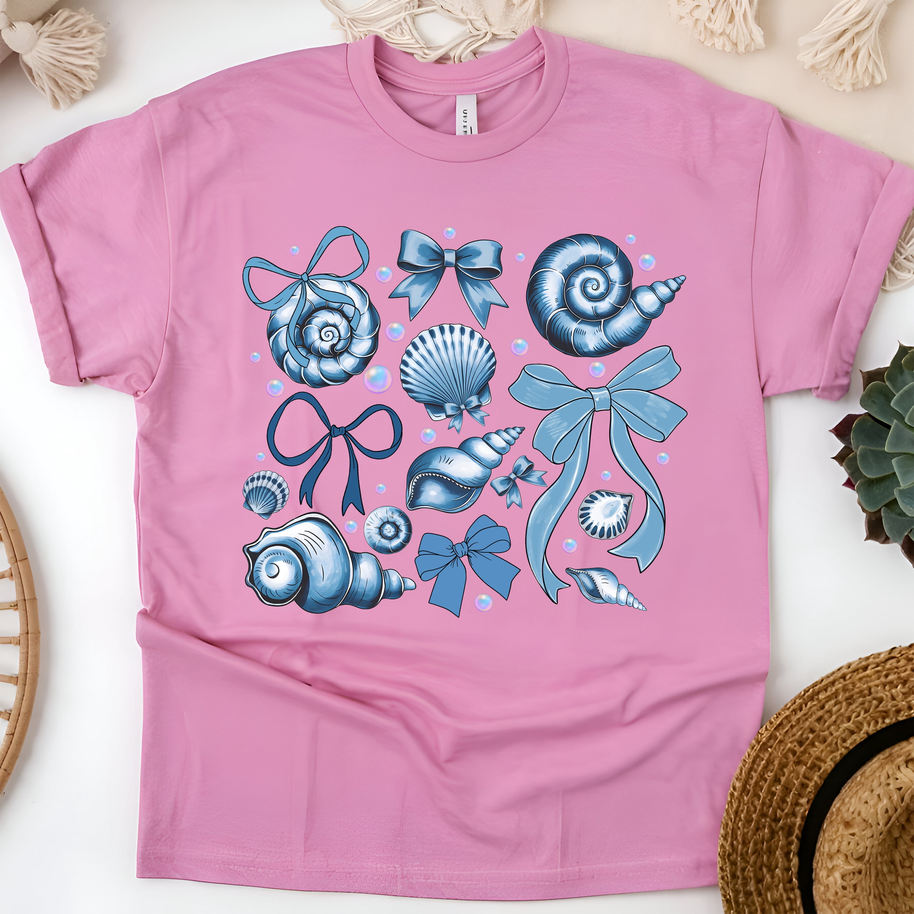 Blue Seashell and Bow T-Shirt, Elegant Ocean-Inspired Graphic Tee for ...