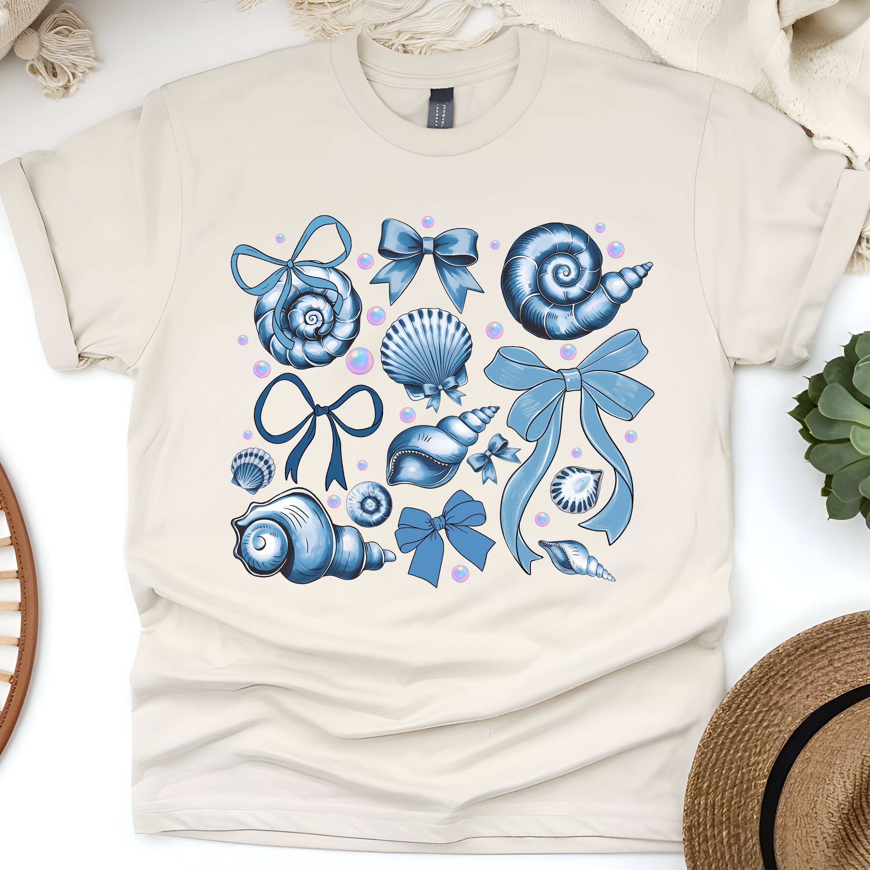 Blue Seashell and Bow T-Shirt, Elegant Ocean-Inspired Graphic Tee for ...