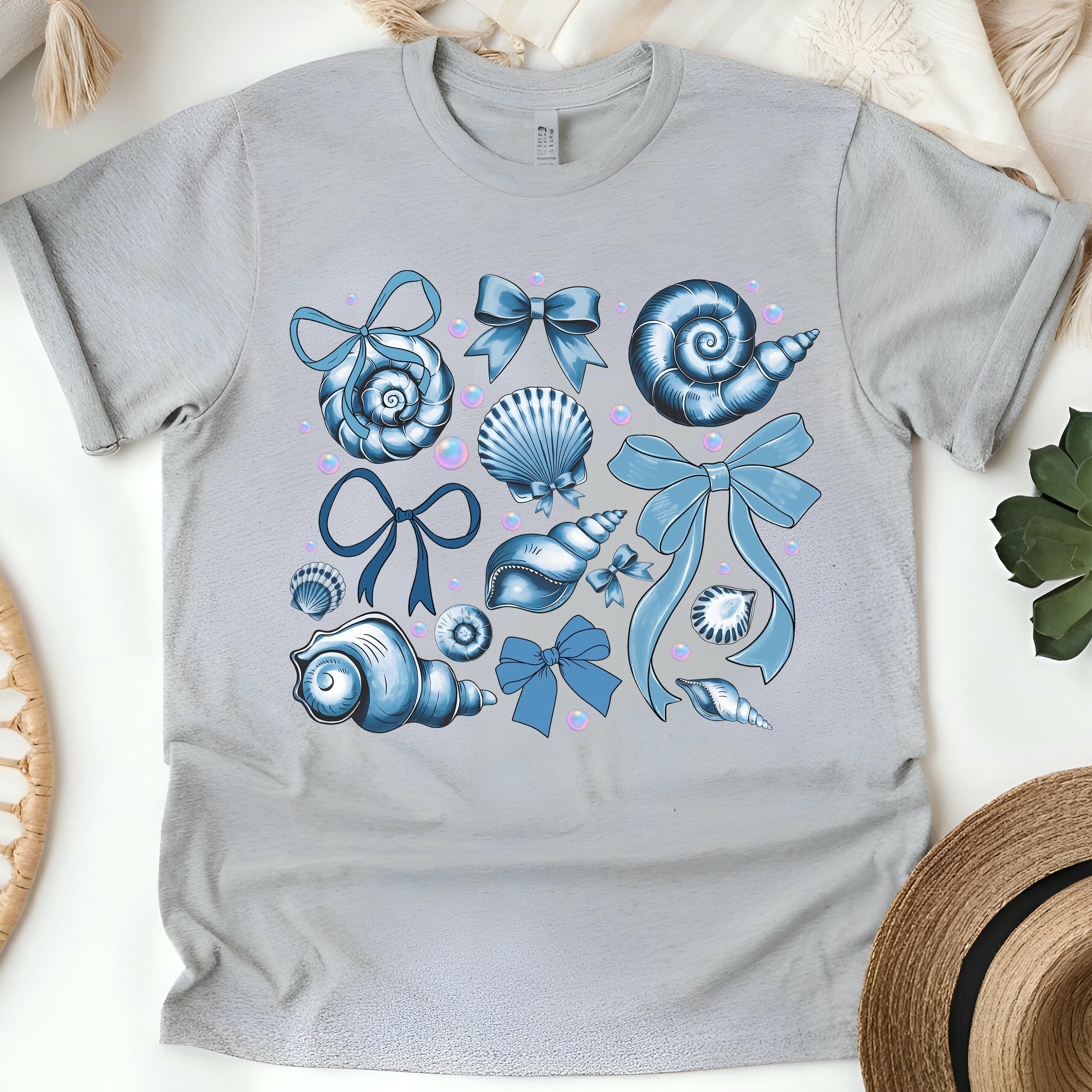 Blue Seashell and Bow T-Shirt, Elegant Ocean-Inspired Graphic Tee for ...
